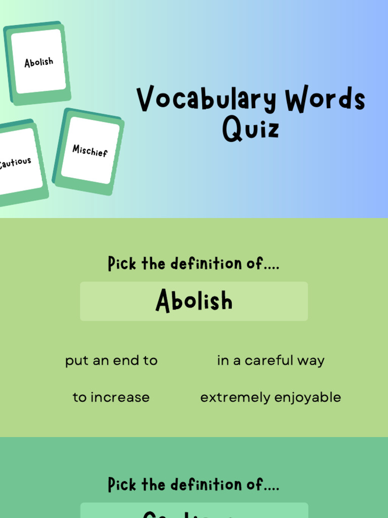 Academic Vocabulary Quiz Presentation in Green Blue Bold Style | PDF