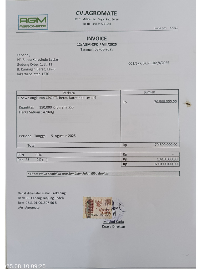 Invoice Transport CPO WO 053 - Agromate | PDF