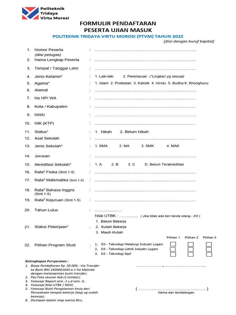 Formulir Pendaftaran SPMB 2025 PTVM | PDF