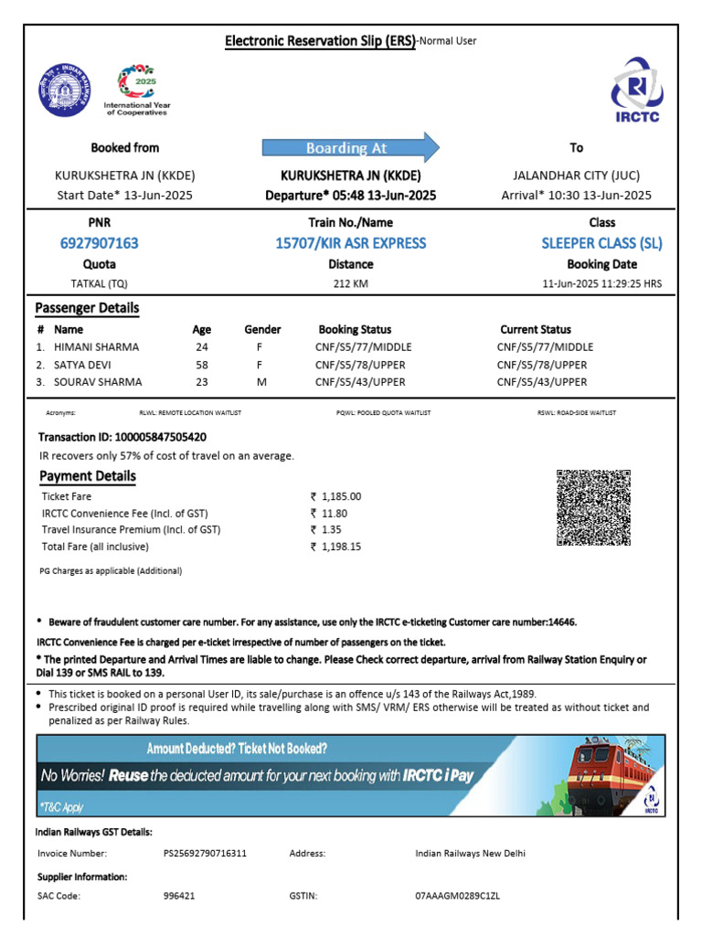 15707/kir Asr Express Sleeper Class (SL) | PDF | Identity Document ...