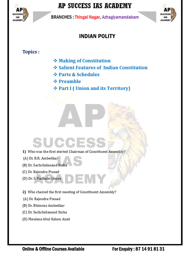 Indian Polity UPSC MCQ Revision 1 | PDF | Constitution | Politics Of India