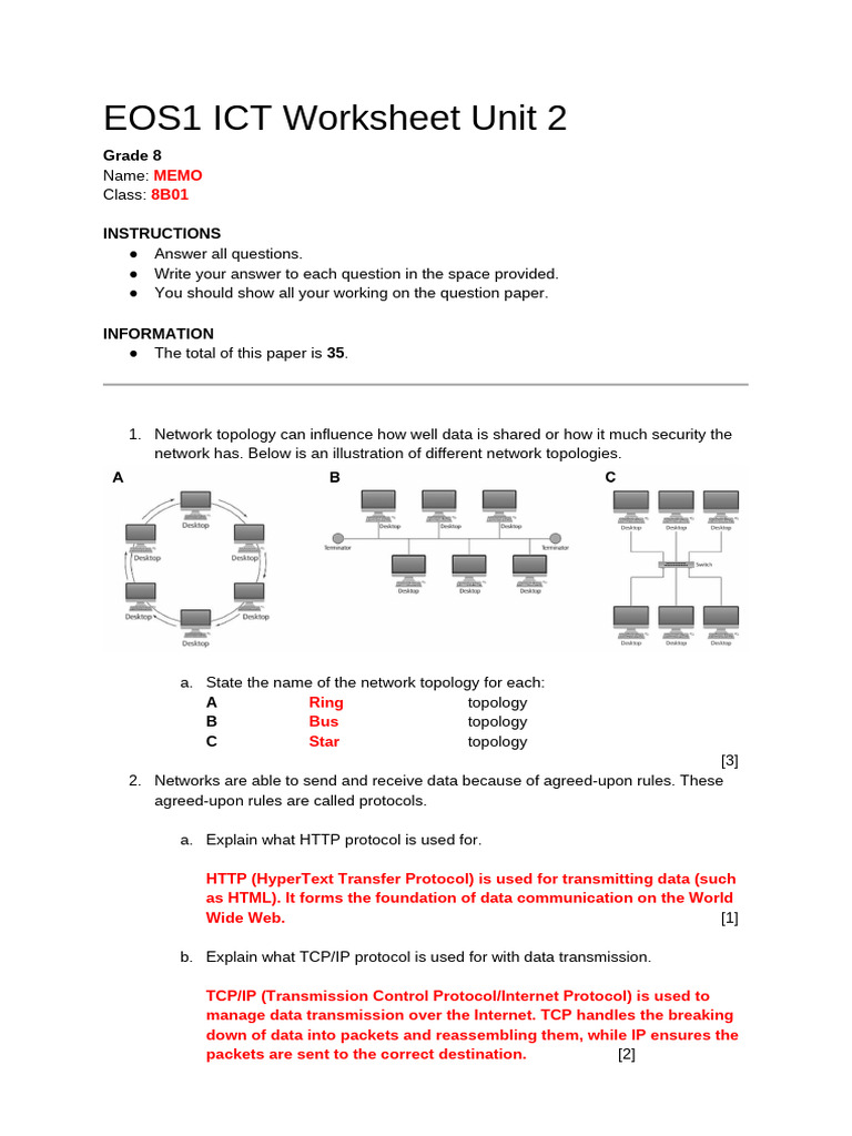 Grade 8 ICT Based On EOS1 Worksheet Unit 2 MEMO | PDF | Computer ...