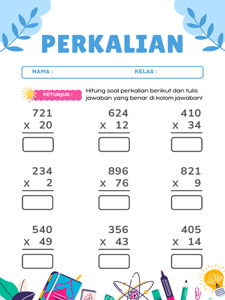 Lembar Kerja Perkalian Bersusun Ilustrasi Biru Hitam Putih | PDF