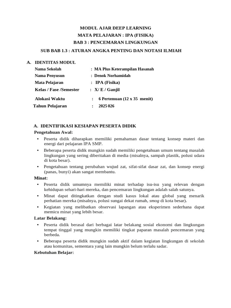 Modul Ajar Deep Leaning Pencemaran Lingkjungan | PDF