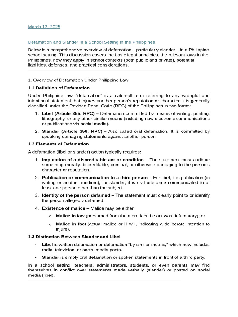 Slander and Defamation in Philippine Schools | PDF | Defamation | Damages