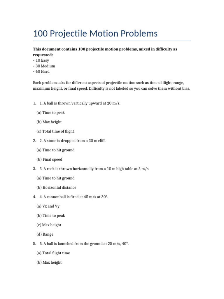 100 Projectile Motion Problems | PDF | Projectiles