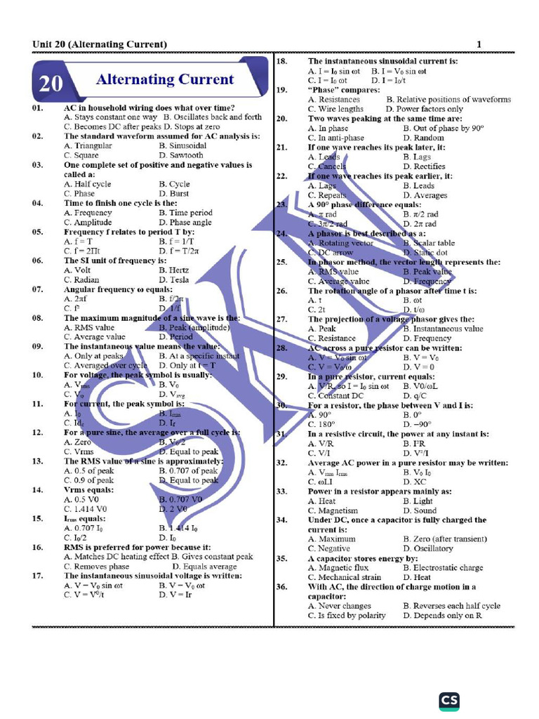 Alternating Current Worksheet | PDF