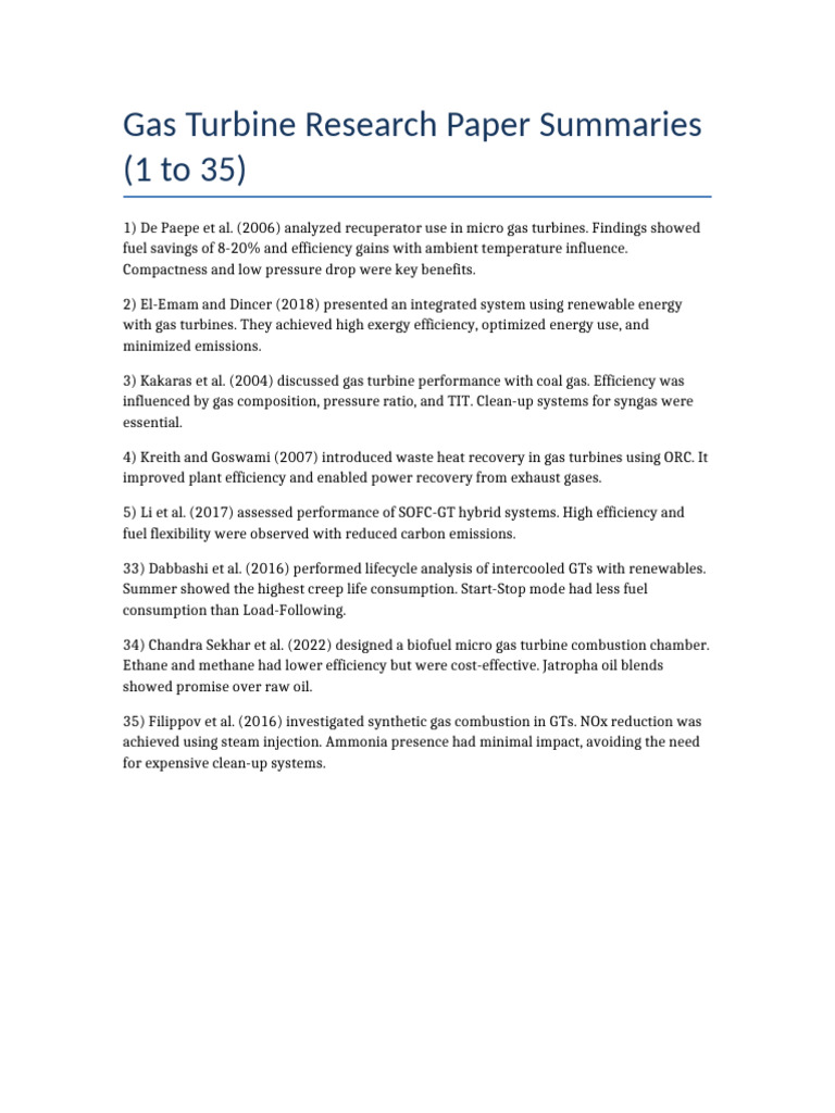 Gas Turbine Research Paper Summaries 1 To 35 | PDF