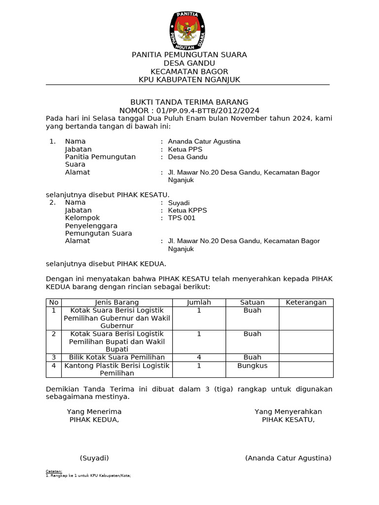Template BTTB Pilkada Dari Pps Ke Tps Desa Gandu | PDF
