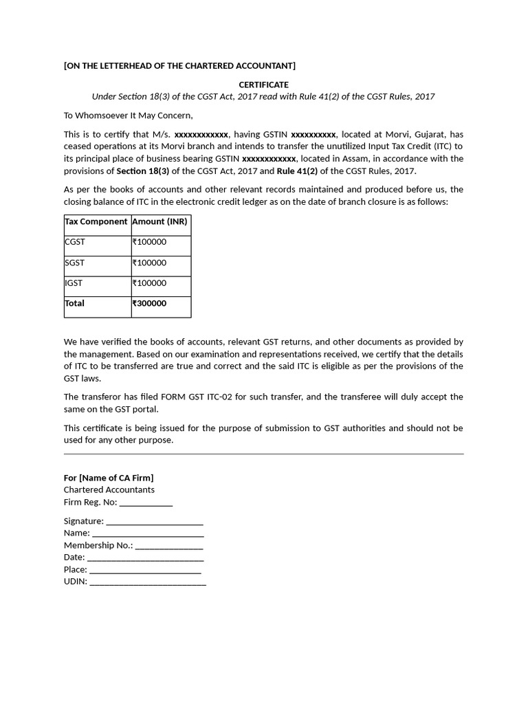 CA Letterhead Certificate for ITC Transfer | PDF