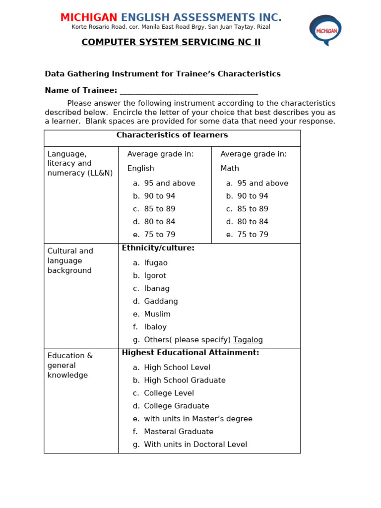 Data Gathering Instrument For Trainee | PDF | Learning | Learning Styles