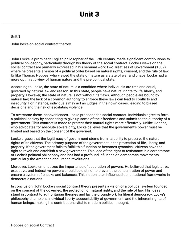 Locke vs. Hobbes: Social Contract Theory | PDF | Social Contract ...