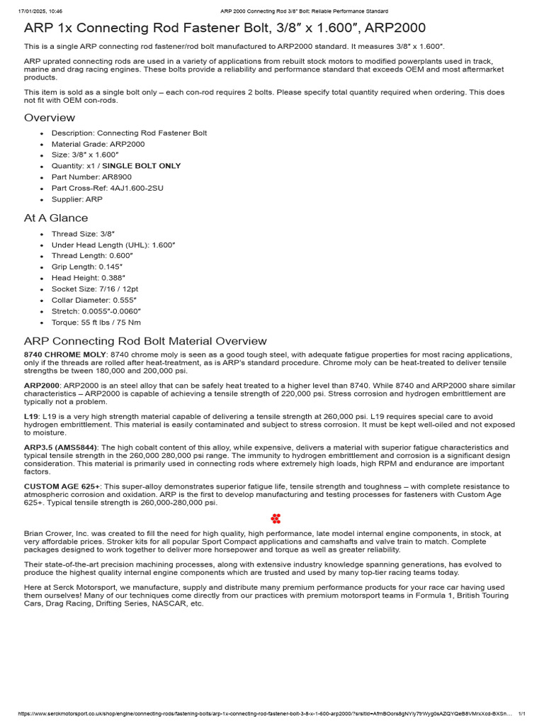 ARP 2000 3/8" Rod Bolt Torque Specs | PDF | Screw | Strength Of Materials