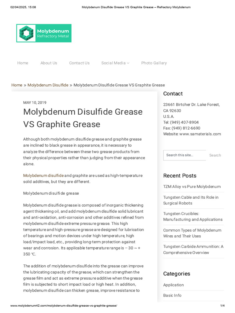 Molybdenum Disulfide vs Graphite Grease | PDF | Molybdenum | Lubricant