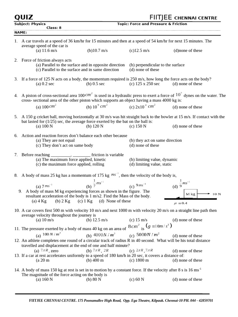Quiz - 8th F&P and Friction | PDF | Force | Velocity