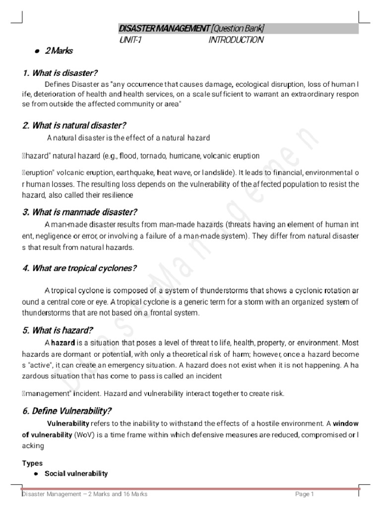 Disaster Management Question Bank - Phoenix | PDF
