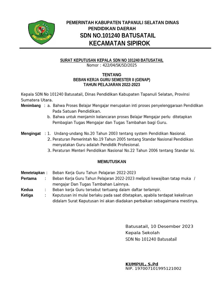 Beban Kerja Guru SDN 101240 Batusatail | PDF