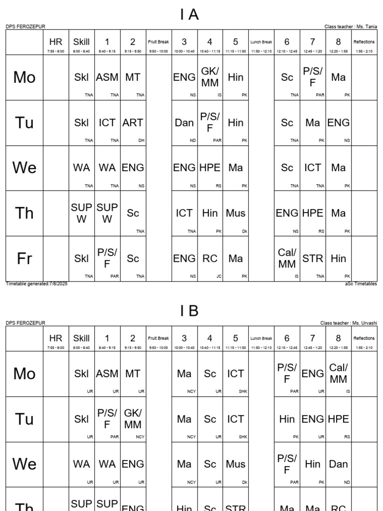 DPS Ferozepur Class Timetable 2025 | PDF