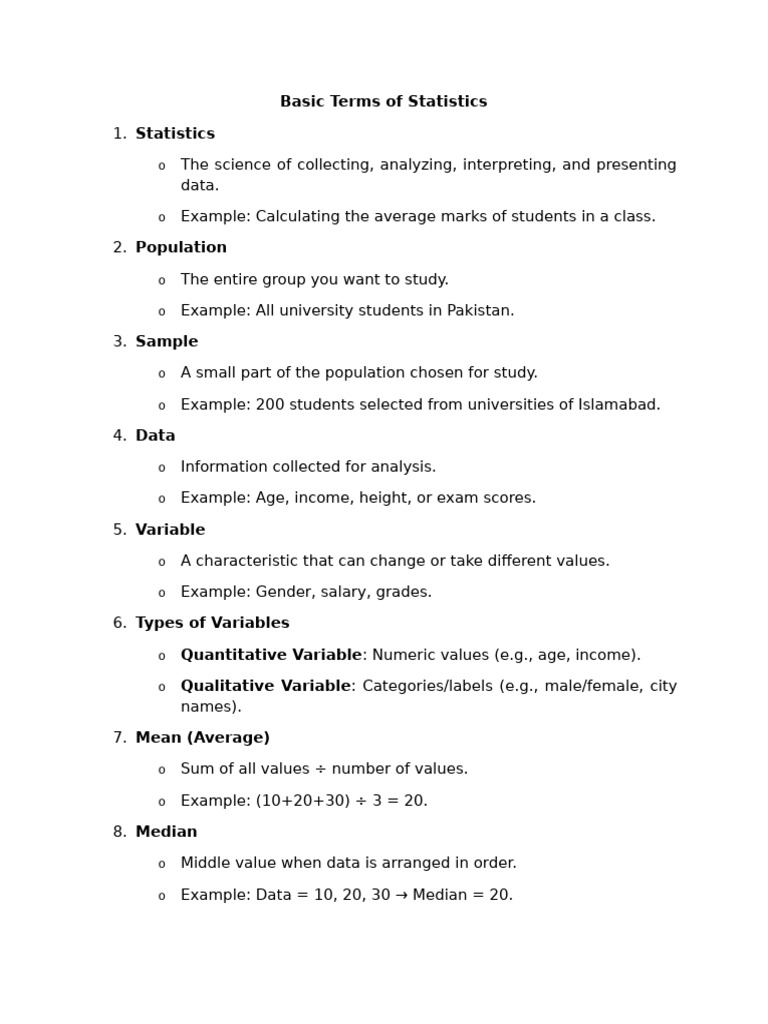 Basic Statistics Terminology Explained | PDF | Statistics | Standard ...