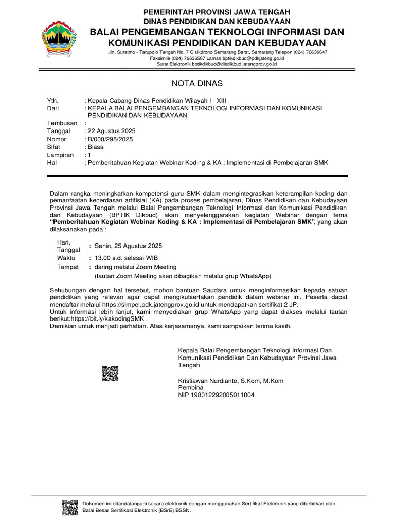 ND Kegiatan Webinar Koding KA Implementasi Di Pembelajaran SMK | PDF