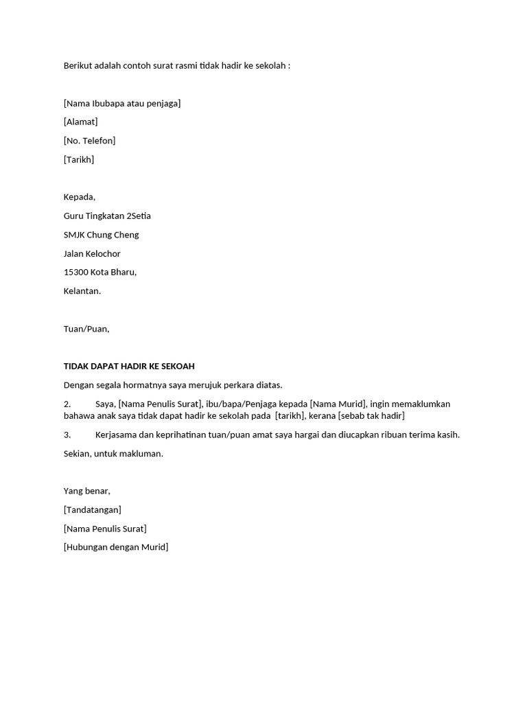 Contoh Surat Rasmi Tidak Hadir Ke Sekolah | PDF