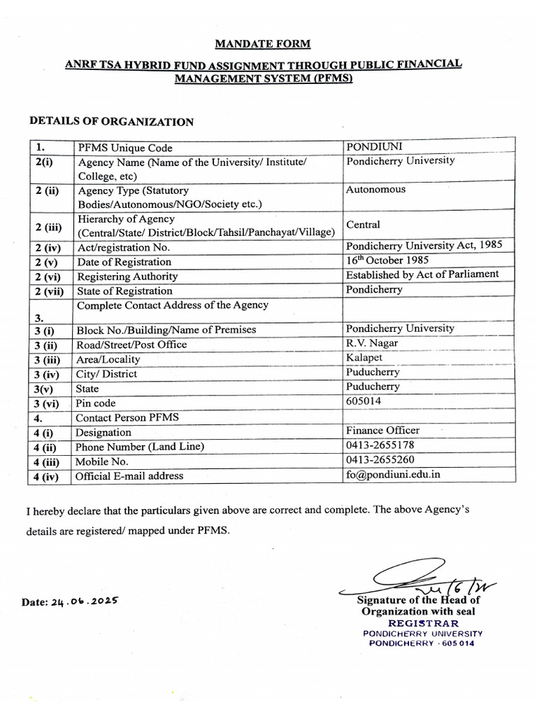 Mandate Form For ANRF and SERB | PDF