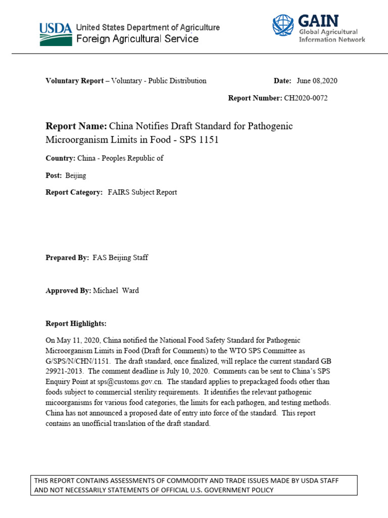 Draft GB 29921-2021 Pathogenic Microorganism Limits in Food - SPS 1151 | PDF | Fermentation In ...