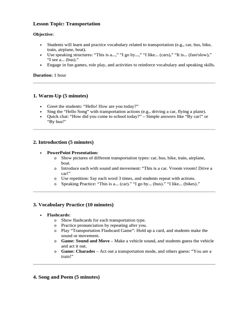Transportation Lesson Plan Overview | PDF | Train | Vehicles