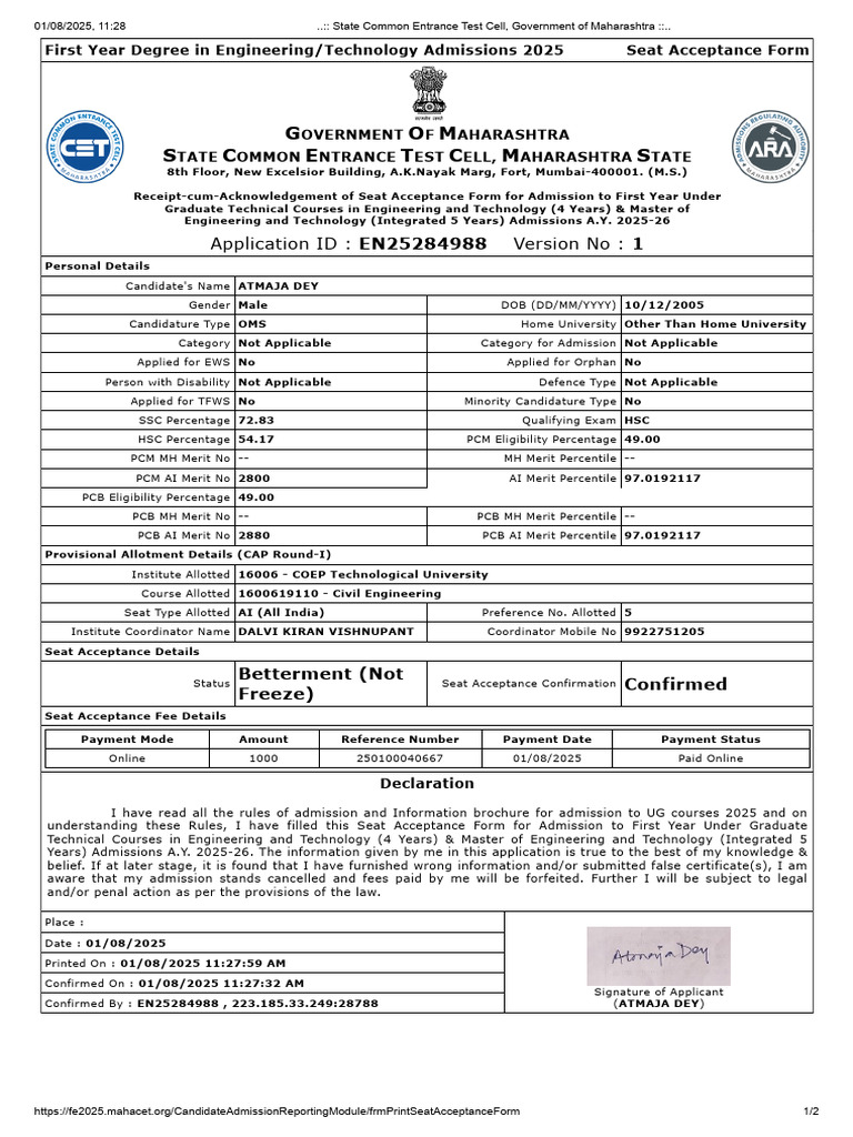 MHT CET 2025 Seat Acceptance Confirmation | PDF | Qualifications