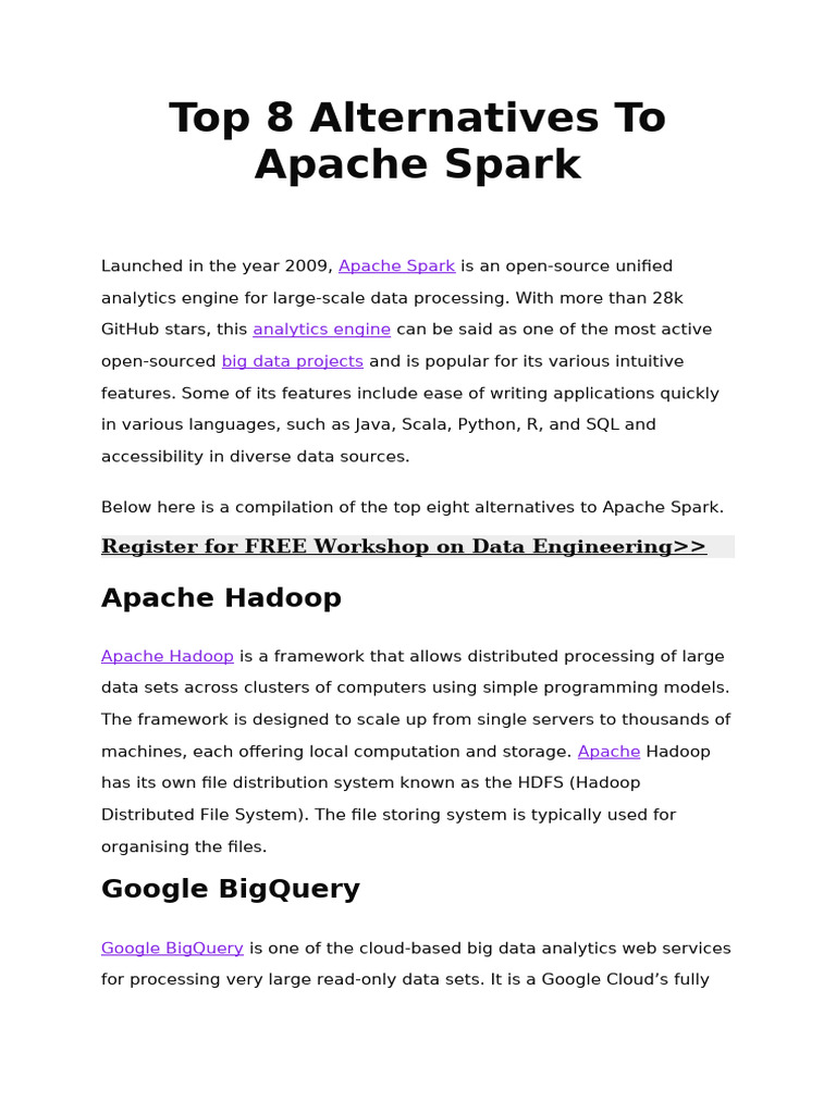 Alternatives To Apache Spark | PDF | Apache Spark | Apache Hadoop