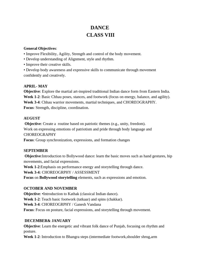 Dance Class VIII Curriculum Overview | PDF