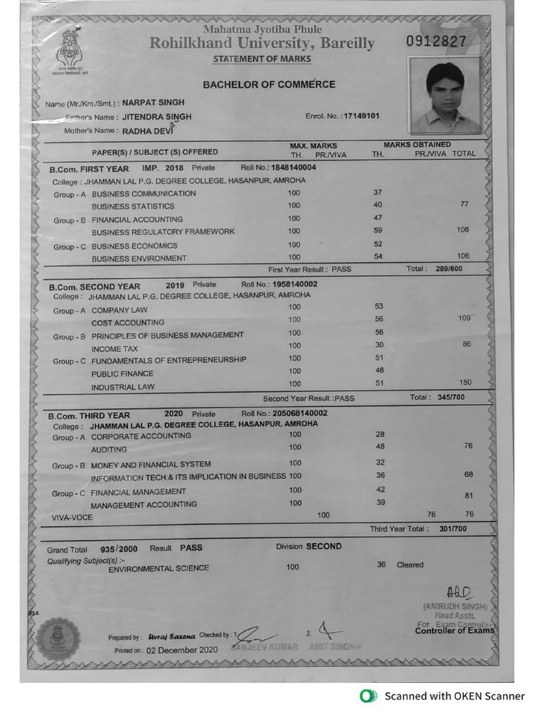 Bachelor Marksheet | PDF