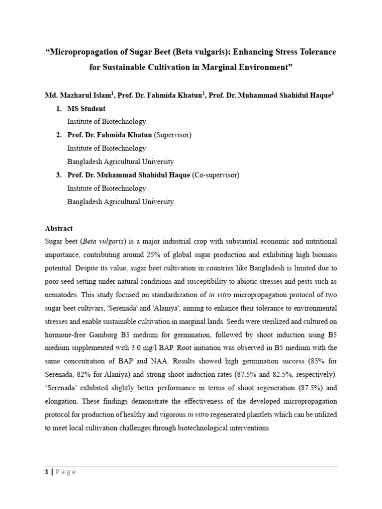 Micropropagation of Sugar Beet | PDF | Sugar Beet | Biology