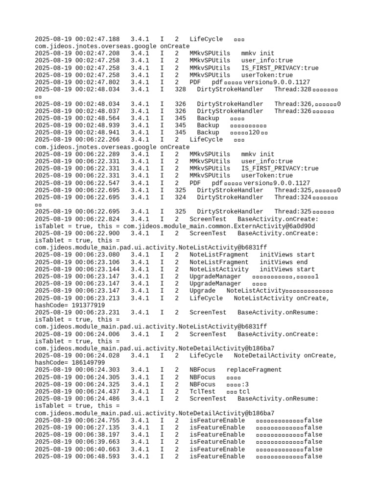 App Lifecycle and Note Management Logs | PDF