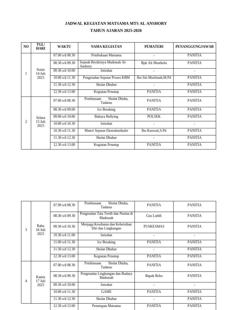 Jadwal Matsama MTS Al Anshory 2025-2026 | PDF