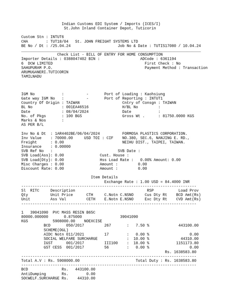 Indian Customs Bill of Entry Checklist | PDF | Trade | Payments