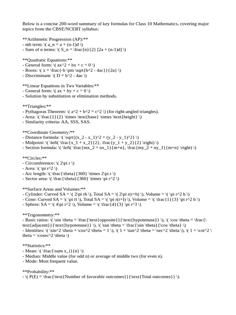 Class 10 All Formula | PDF