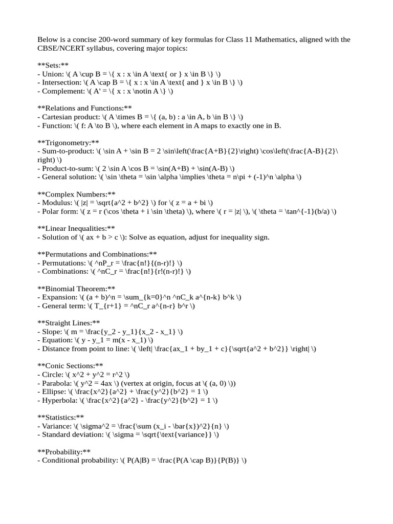 Class 11 Maths Formulas Summary PDF | PDF