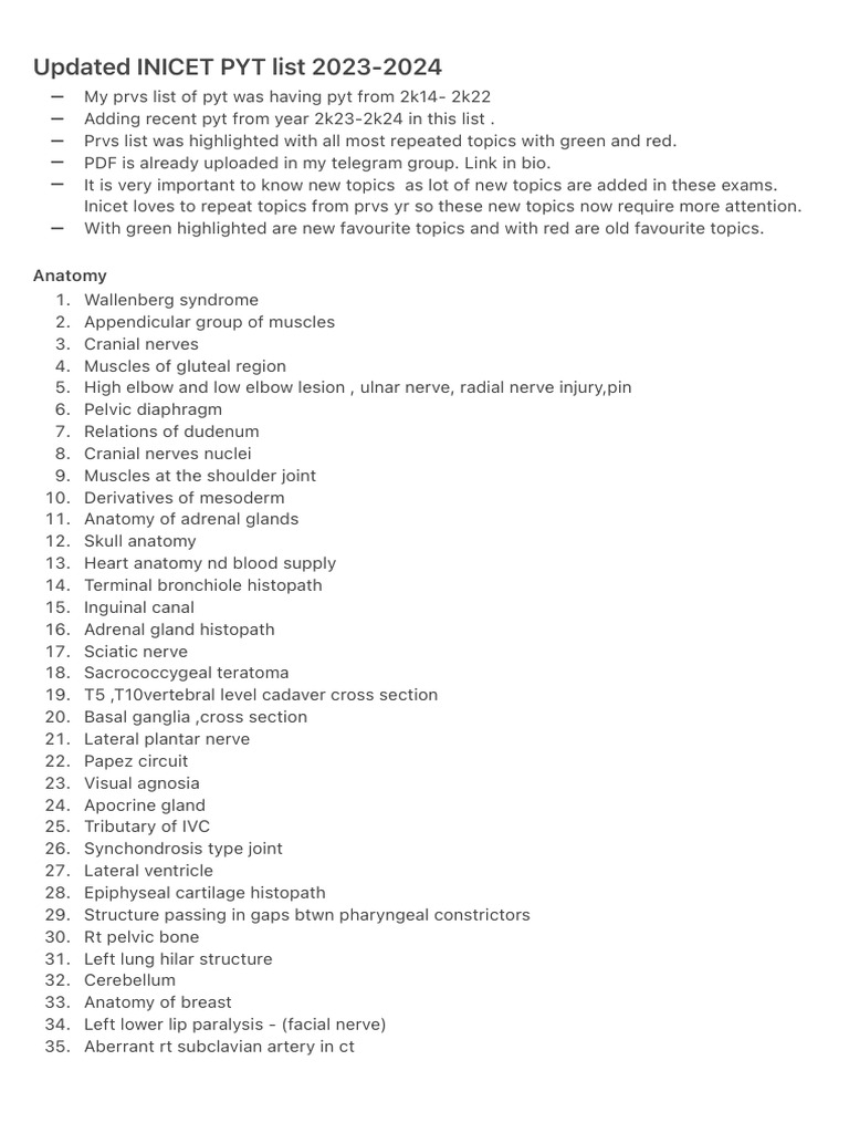 Updated INICET PYT List 2023-2024 | PDF | Heart | Anatomy