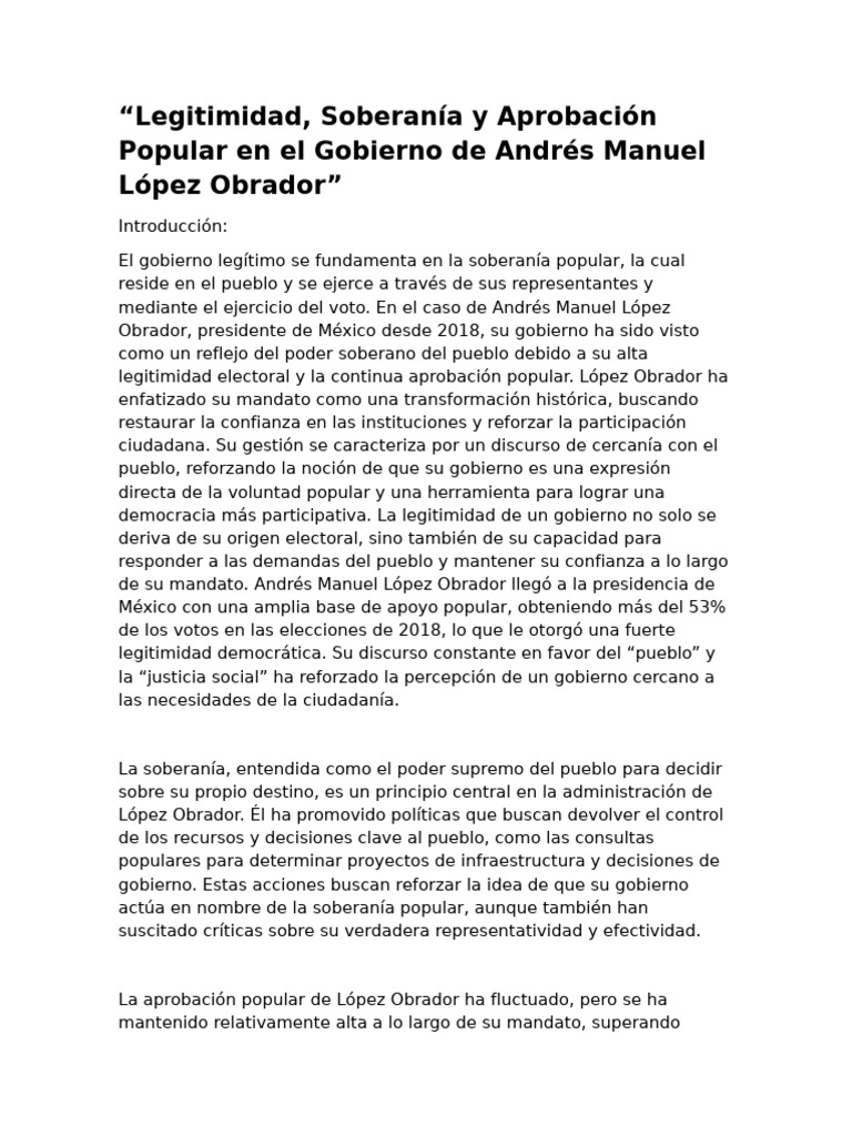 INTRODUCCIÓN Legitimidad, Soberanía y Aprobación Popular en El Gobierno ...