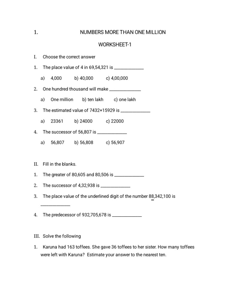 Numbers Over One Million Worksheet | PDF