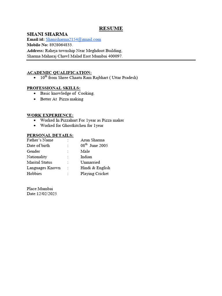 Simple Fresher Resu1me Format | PDF