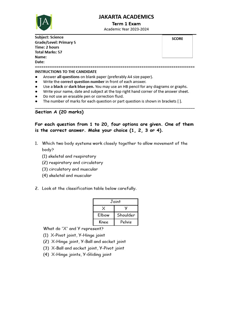 Primary 5 Science Term 1 Exam 2023-2024 | PDF | Breathing | Lung