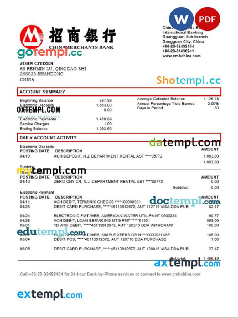 Doctempl - China Merchants Bank Statement Template in Word and PDF | PDF