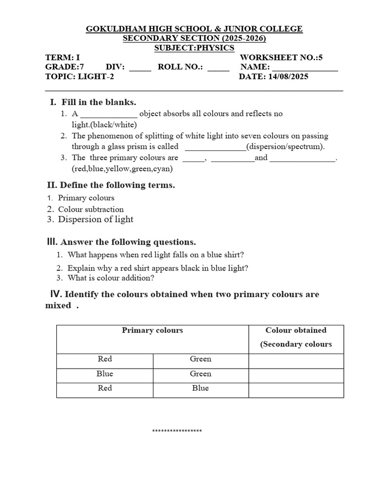 Physics Worksheet - Grade 7 - LIGHT 2 | PDF
