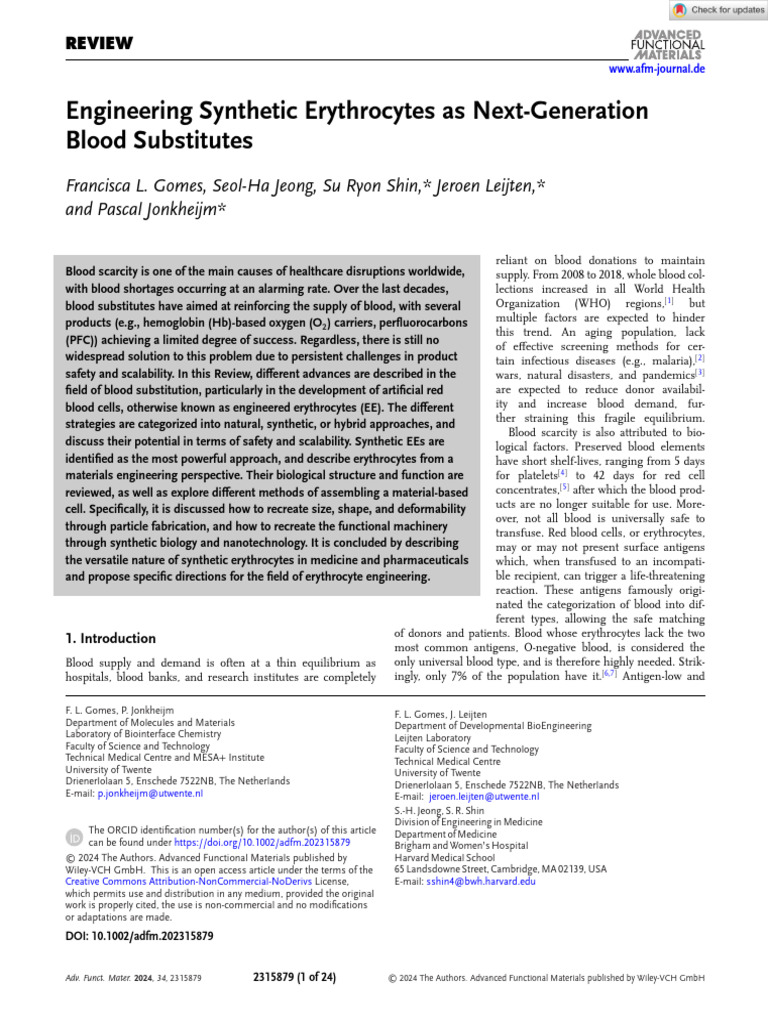 Adv Funct Materials - 2024 - Gomes - Engineering Synthetic Erythrocytes ...