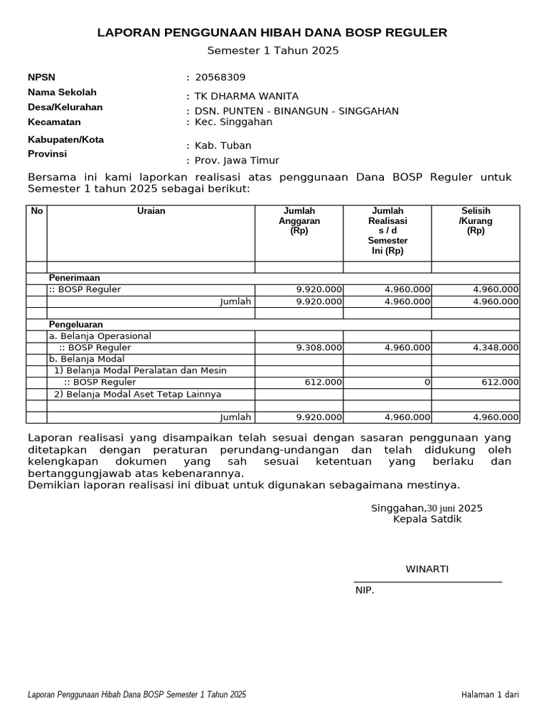 Laporan Penggunaan Dana BOSP 2025 | PDF