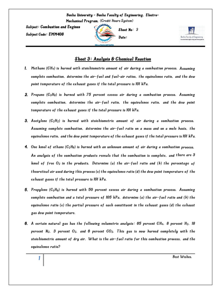 Sheet 3 - Analysis & Chemical Reaction | PDF | Combustion | Stoichiometry