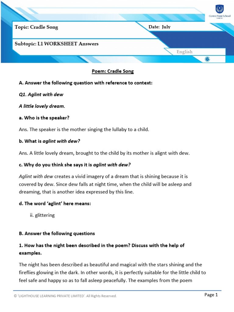 Cradle Song Poem Analysis and Answers | PDF | Lullabies
