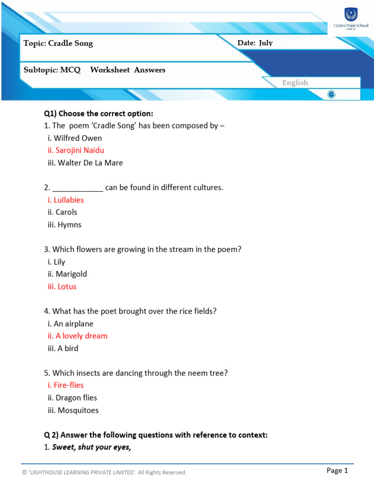 Cradle Song (MCQ Worksheet) | PDF